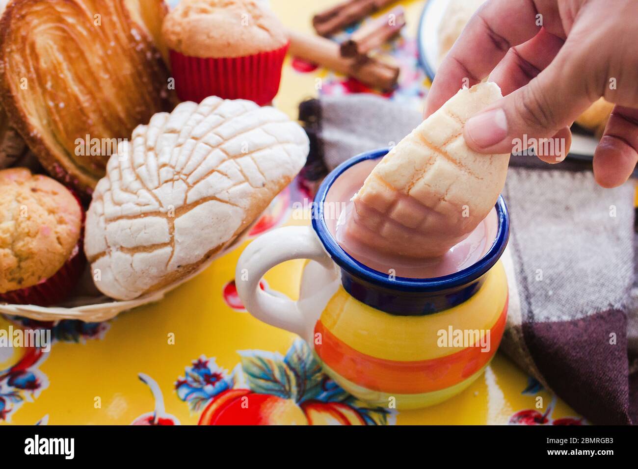 Concha bread and chocolate, mexican sweet bread and atole beverage in ...