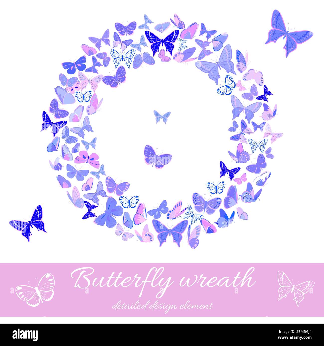 Stylized wreath made of butterflies in delicate violet and pink hues ...