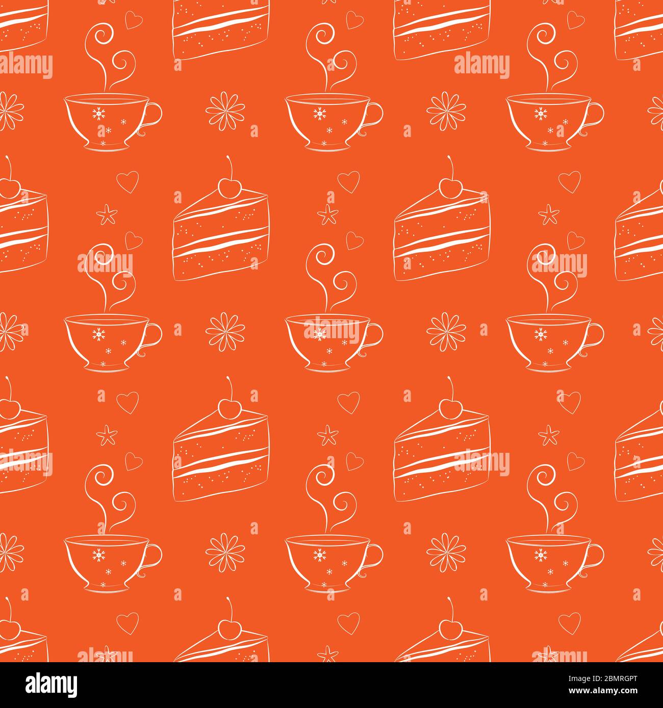 Flat seamless background with line drawing cake slices and tea cups ...
