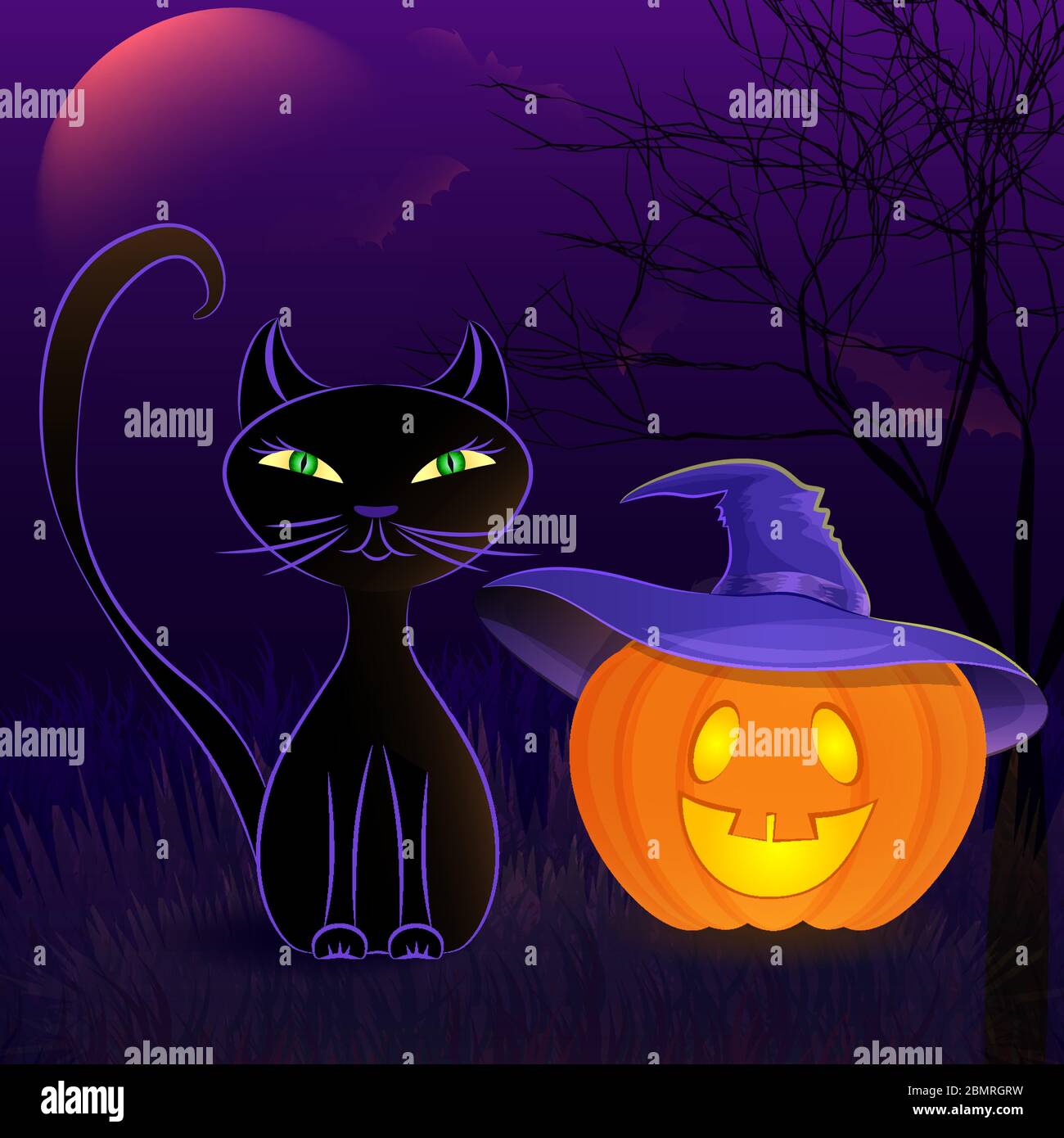 Halloween night vector poster with black cat, Jack O Lantern in witch s ...