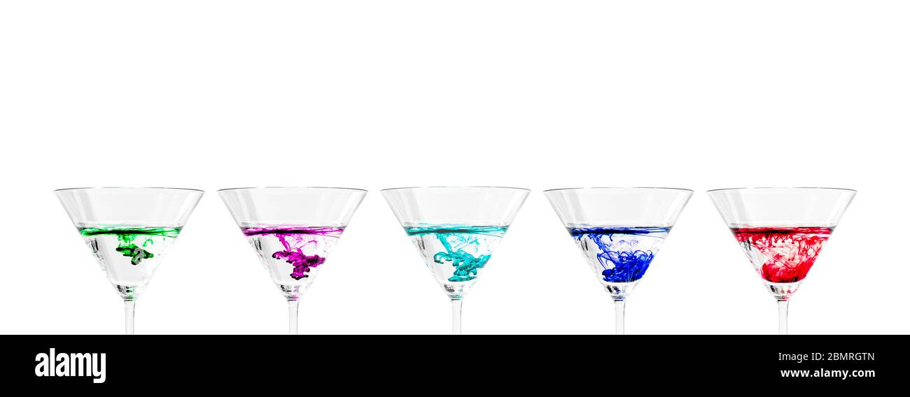 Rainbow of brightly colored drinks of single drop of color as it falls ...