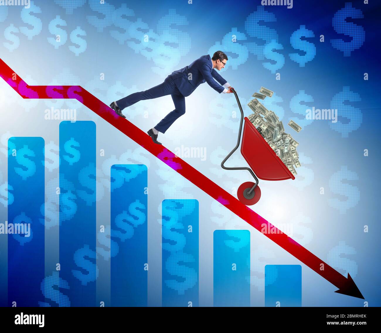 The businessman pushing money wheelbarrow down the chart Stock Photo ...
