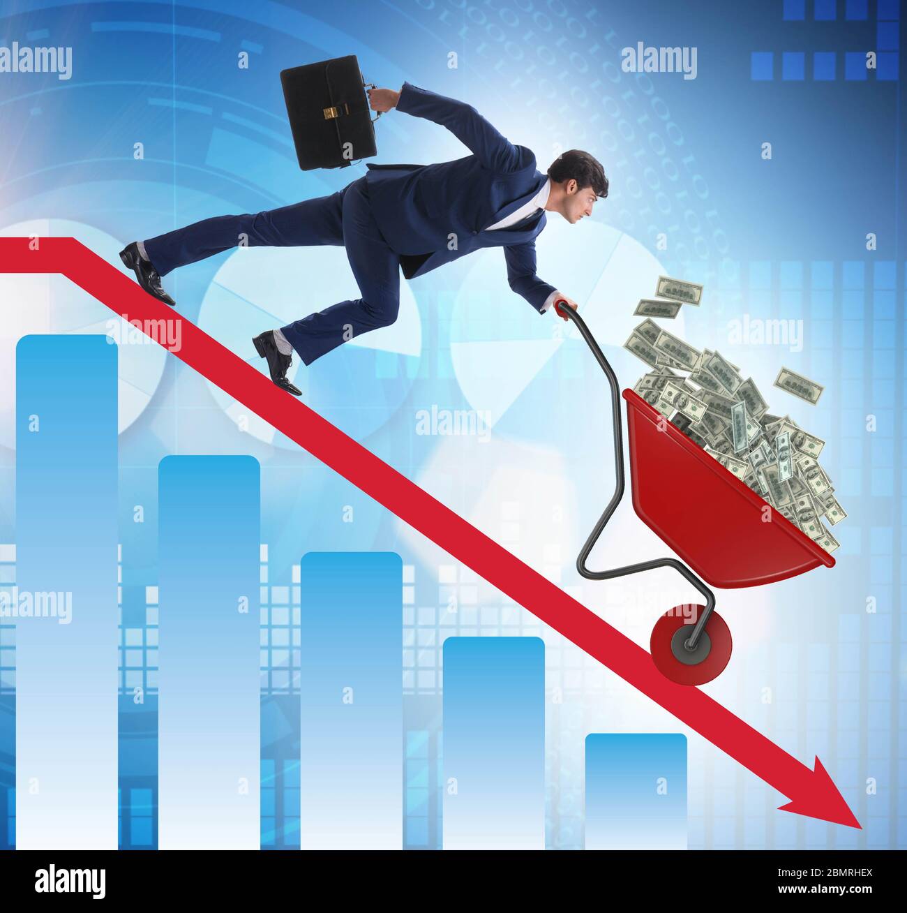 The businessman pushing money wheelbarrow down the chart Stock Photo ...