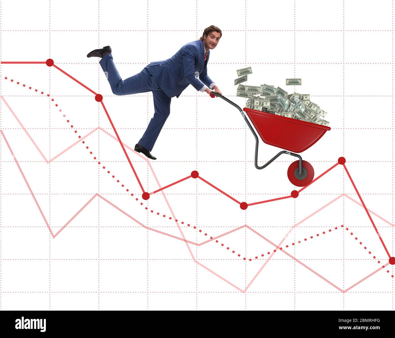 The businessman pushing money wheelbarrow down the chart Stock Photo ...
