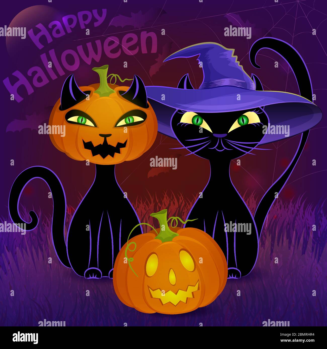 Halloween night vector poster with black cats, Jack O Lantern, witch s ...