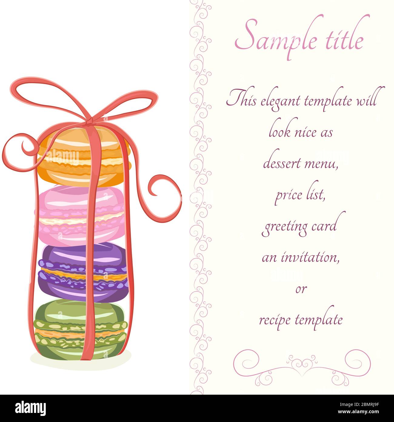 Elegant card, invitation template featuring macaroons tied up with ...