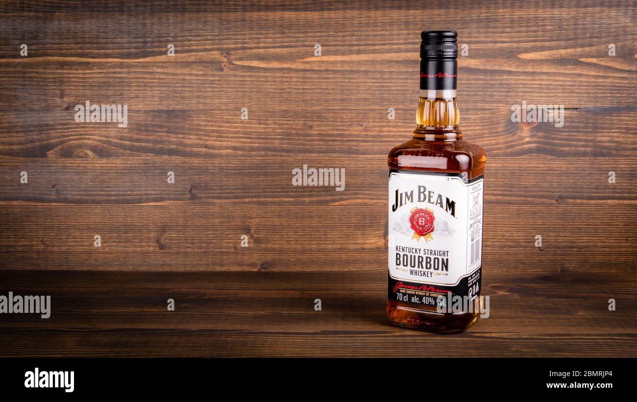 Riga, Latvia - May 9. 2020: Bottle of Jim Beam Bourbon on wooden ...