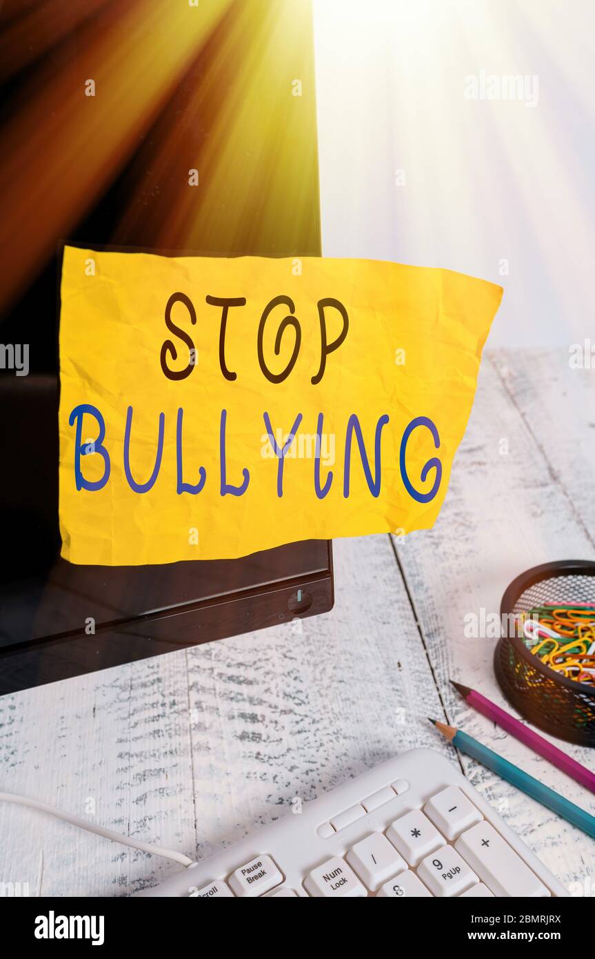 Text sign showing Stop Bullying. Business photo showcasing Fight and ...