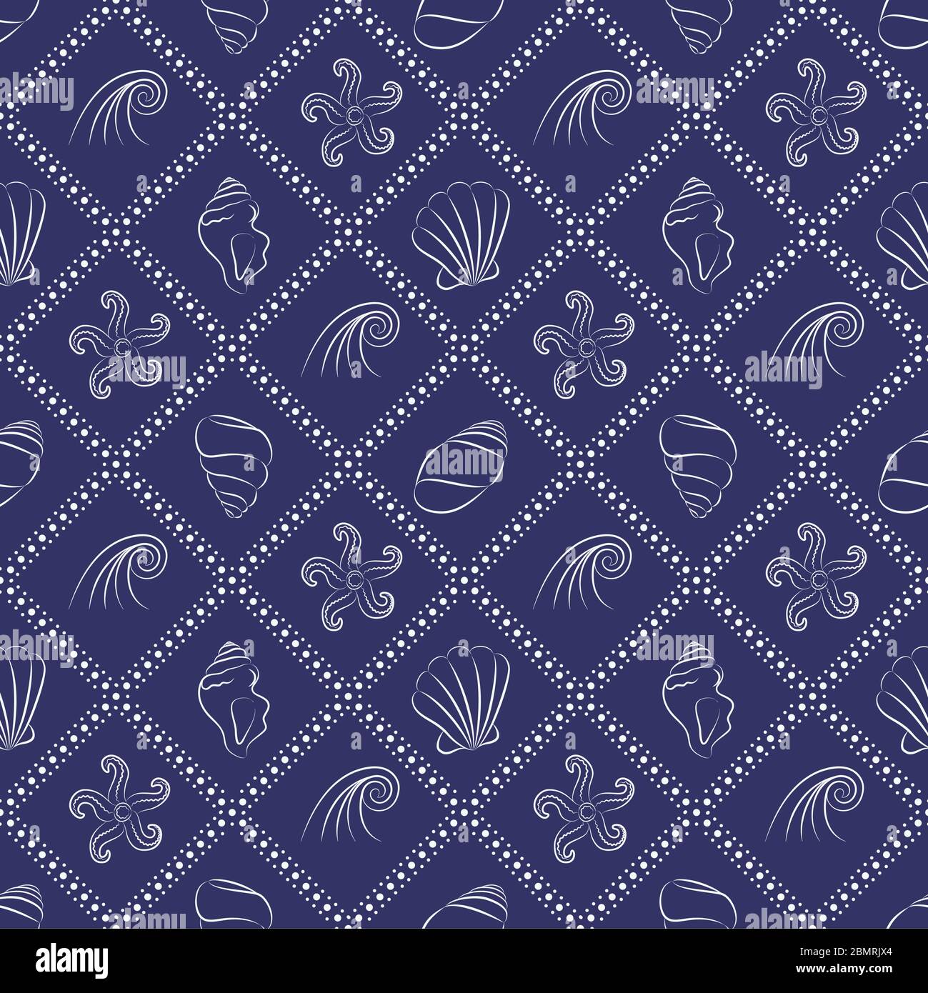 Vector seamless pattern with seashells and waves outlines. Marine ...