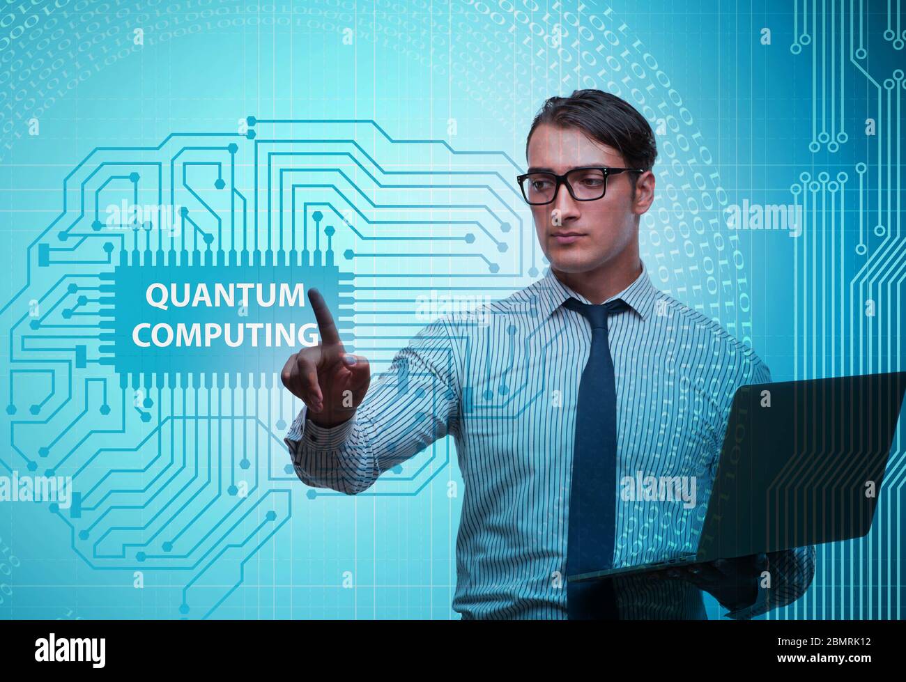 The businessman pressing virtual button in quantum computing concept Stock Photo - Alamy