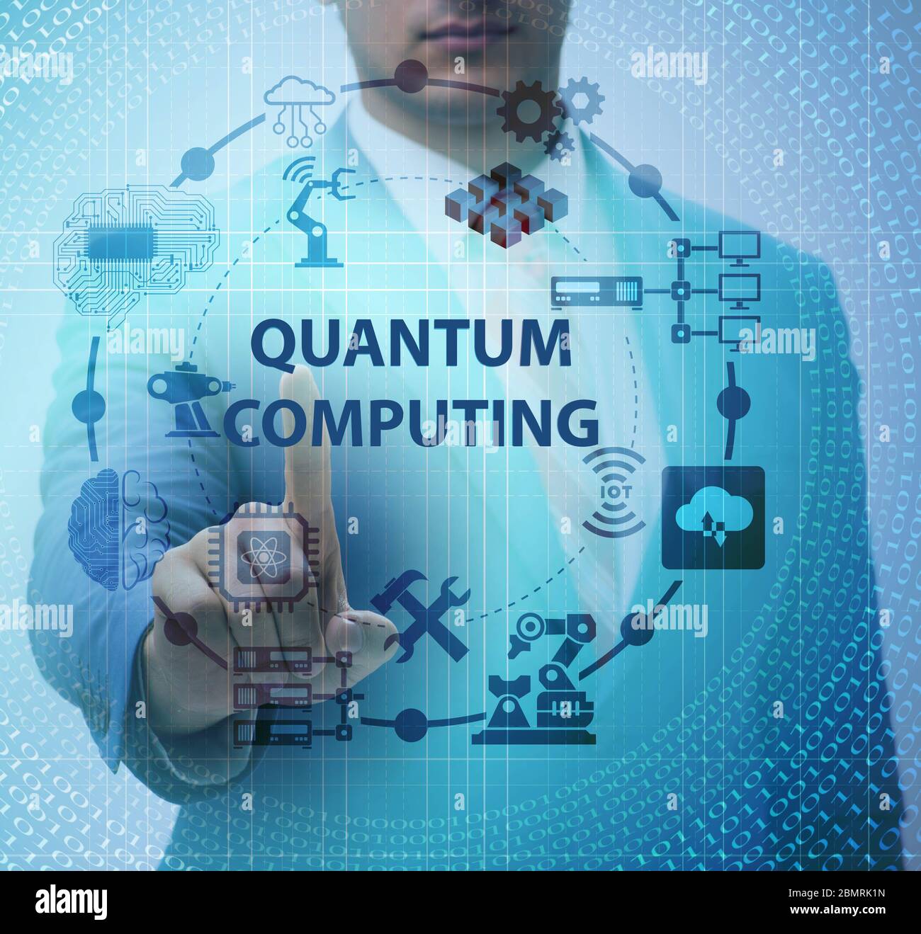The businessman pressing virtual button in quantum computing concept ...