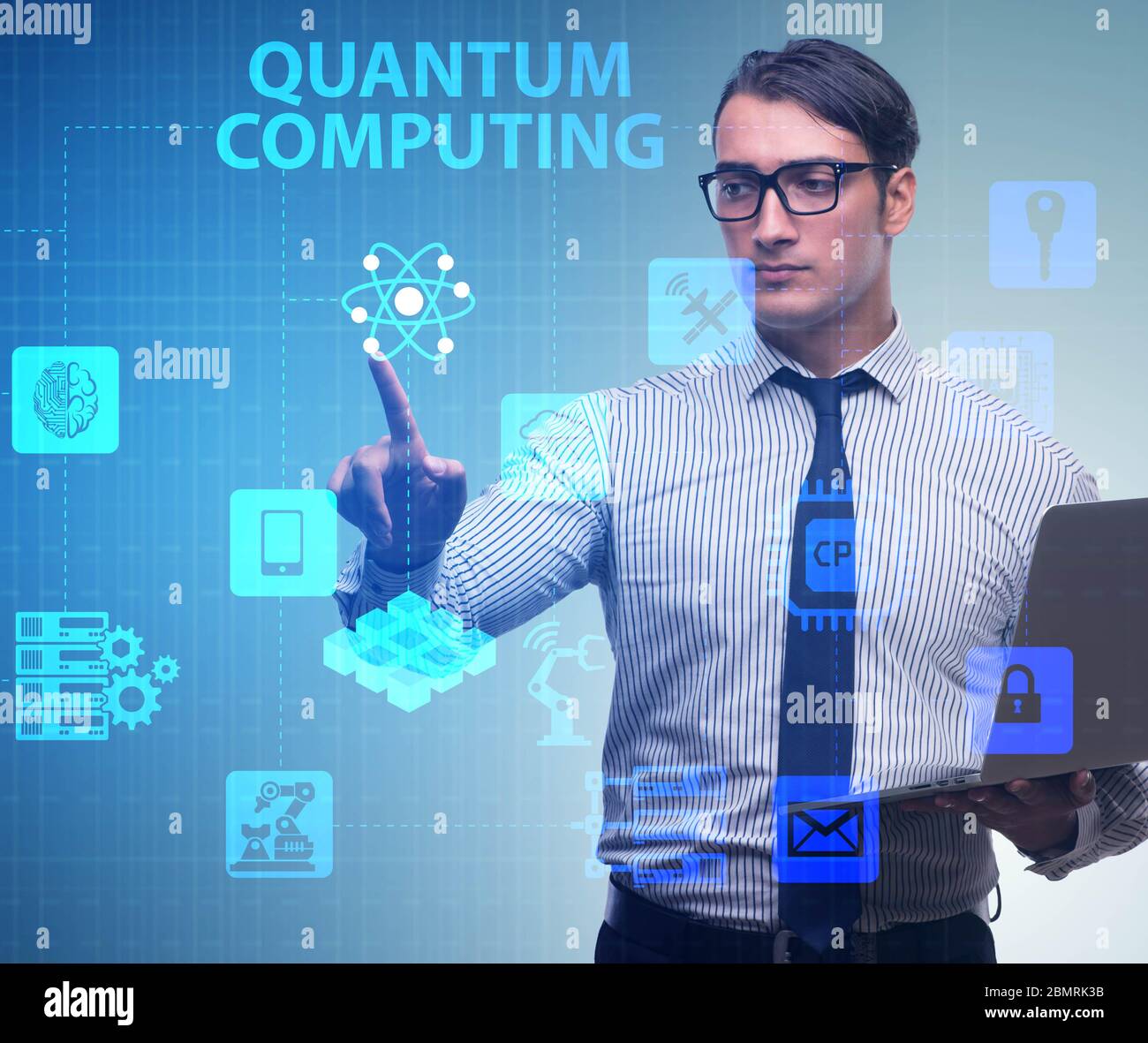 The businessman pressing virtual button in quantum computing concept Stock Photo - Alamy