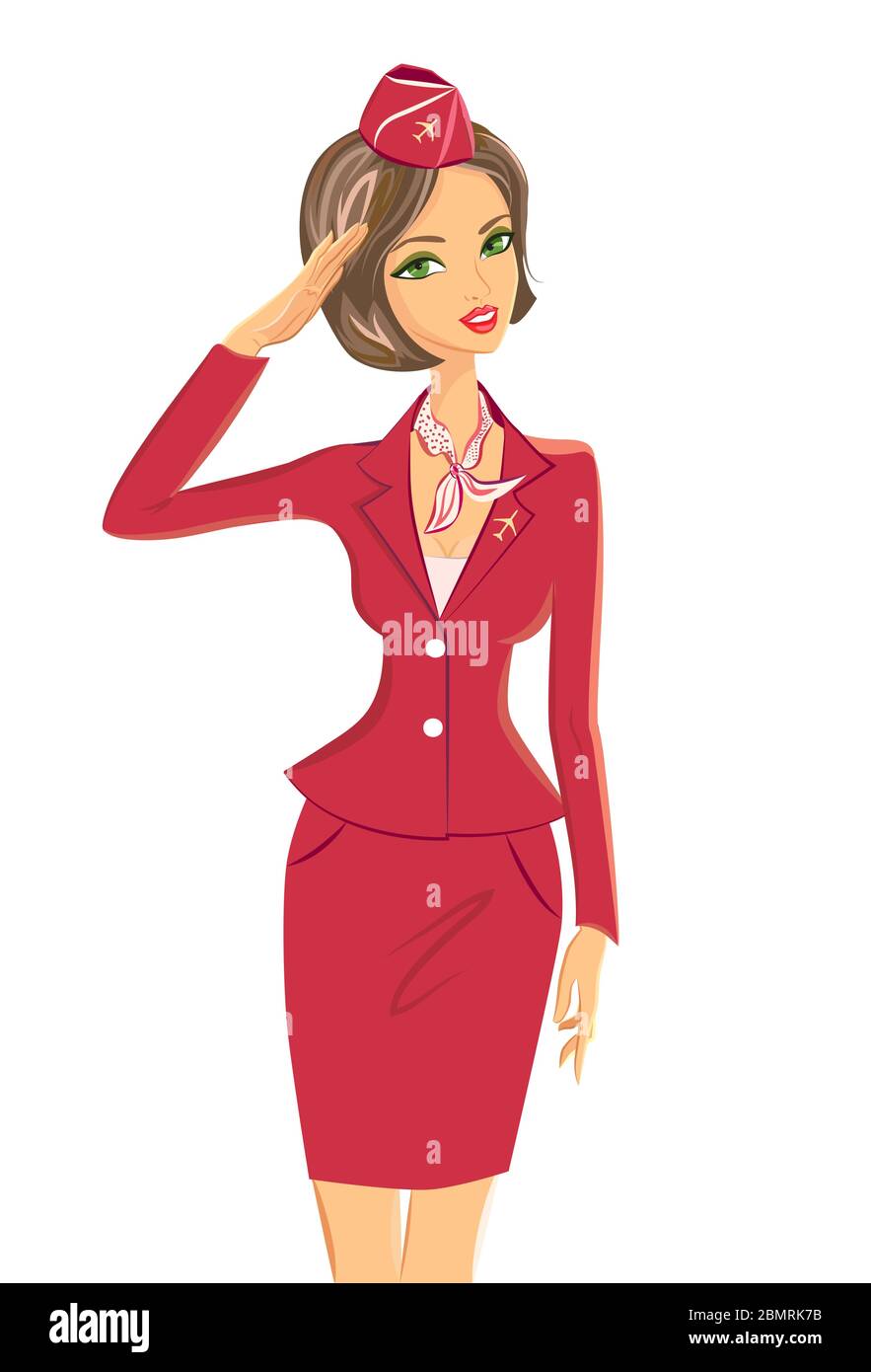 Illustration of attractive young flight attendant in red uniform ...