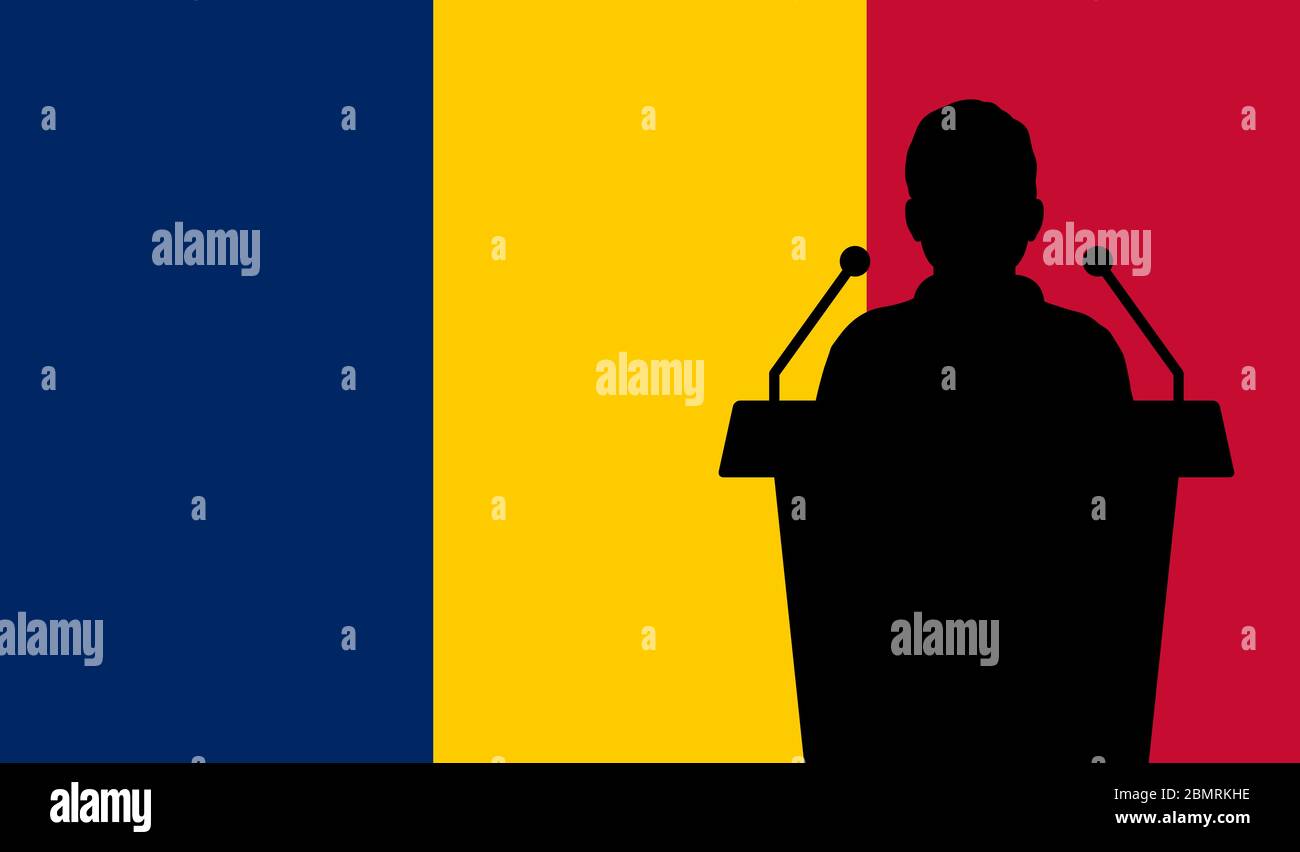 Orator Speaking From Tribune Chad Flag Background. Public Speaker ...