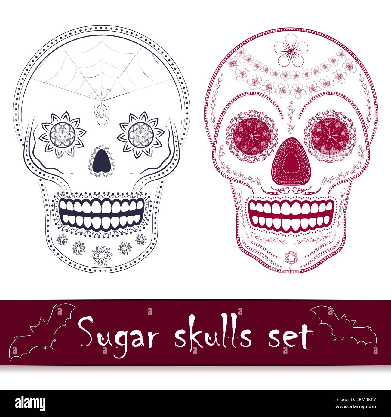 Day of the dead mexican sugar skull vector illustration set. Line art ...