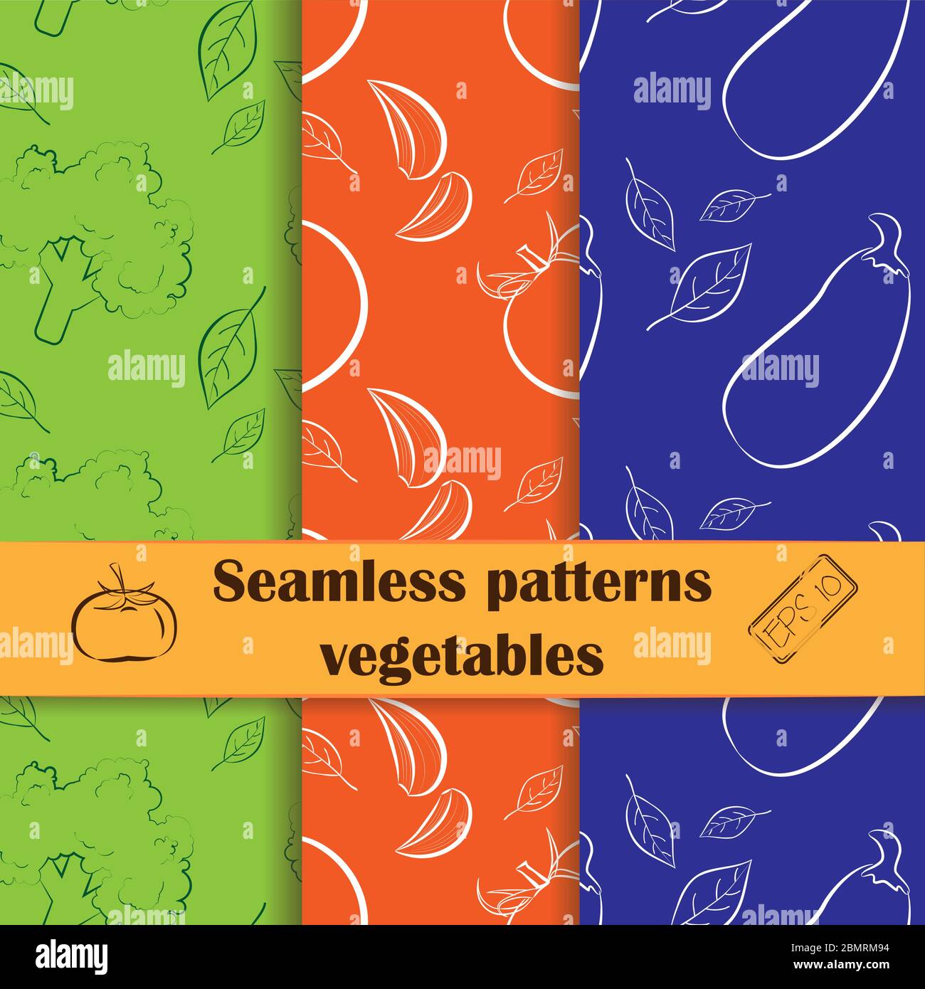 Set of flat seamless backgrounds with hand drawn vegetables. Food theme ...