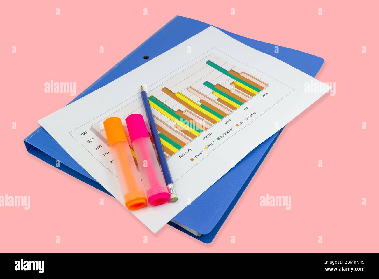 pencil, Blue file, graph sheet, Color highlight pen on pink background ...
