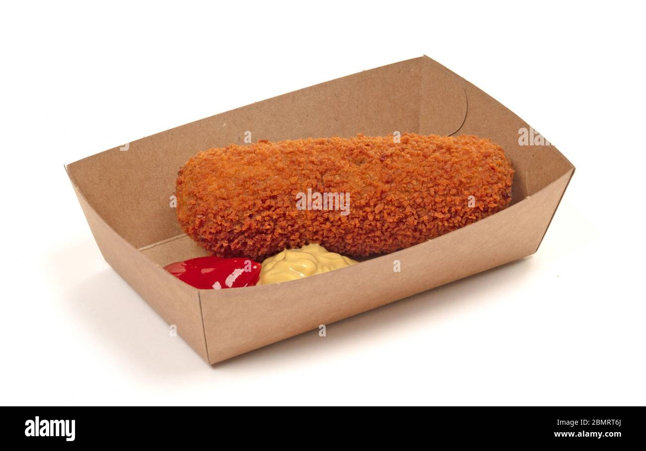 Brown crusty dutch kroket with mustard and ketchup isolated on a white ...