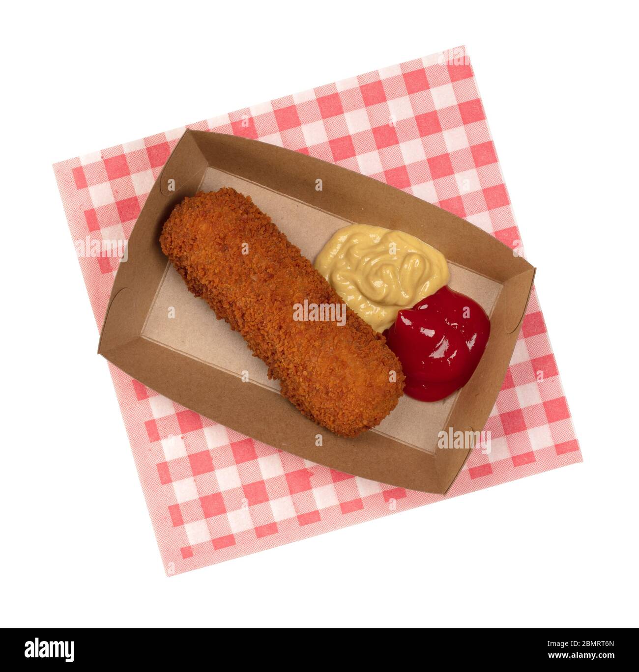 Brown crusty dutch kroket with mustard and ketchup isolated on a white ...