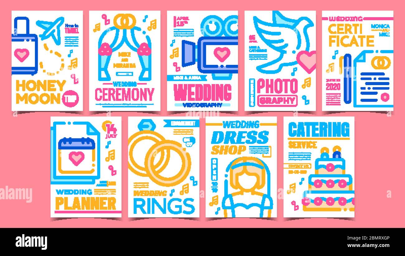 Wedding Ceremony Advertising Posters Set Vector Illustration Stock ...
