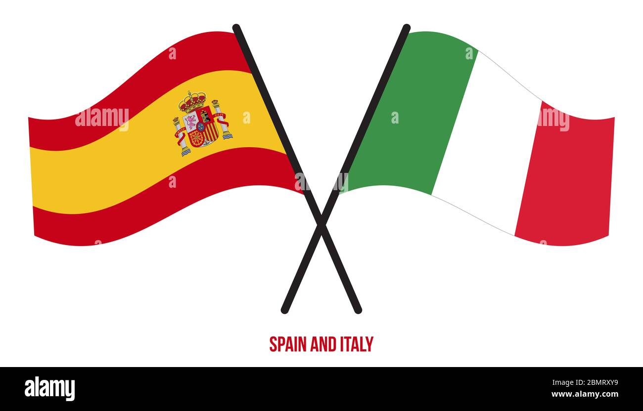 Spain and Italy Flags Crossed And Waving Flat Style. Official ...