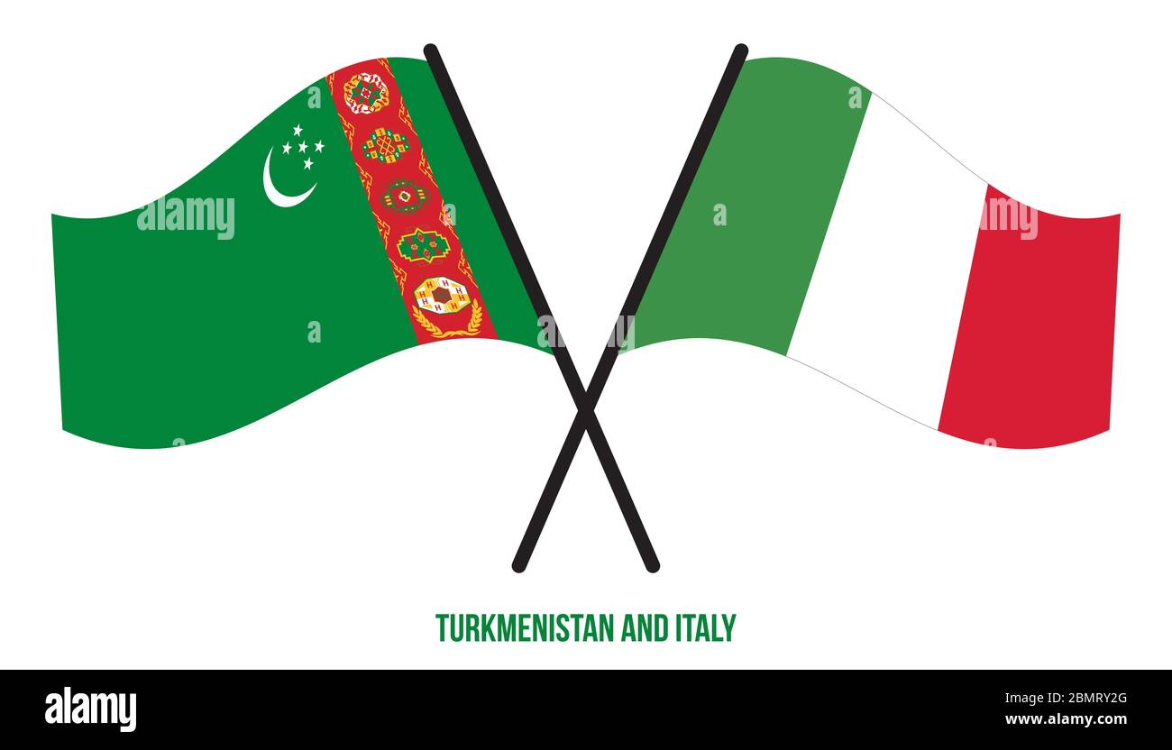 Turkmenistan and Italy Flags Crossed And Waving Flat Style. Official ...