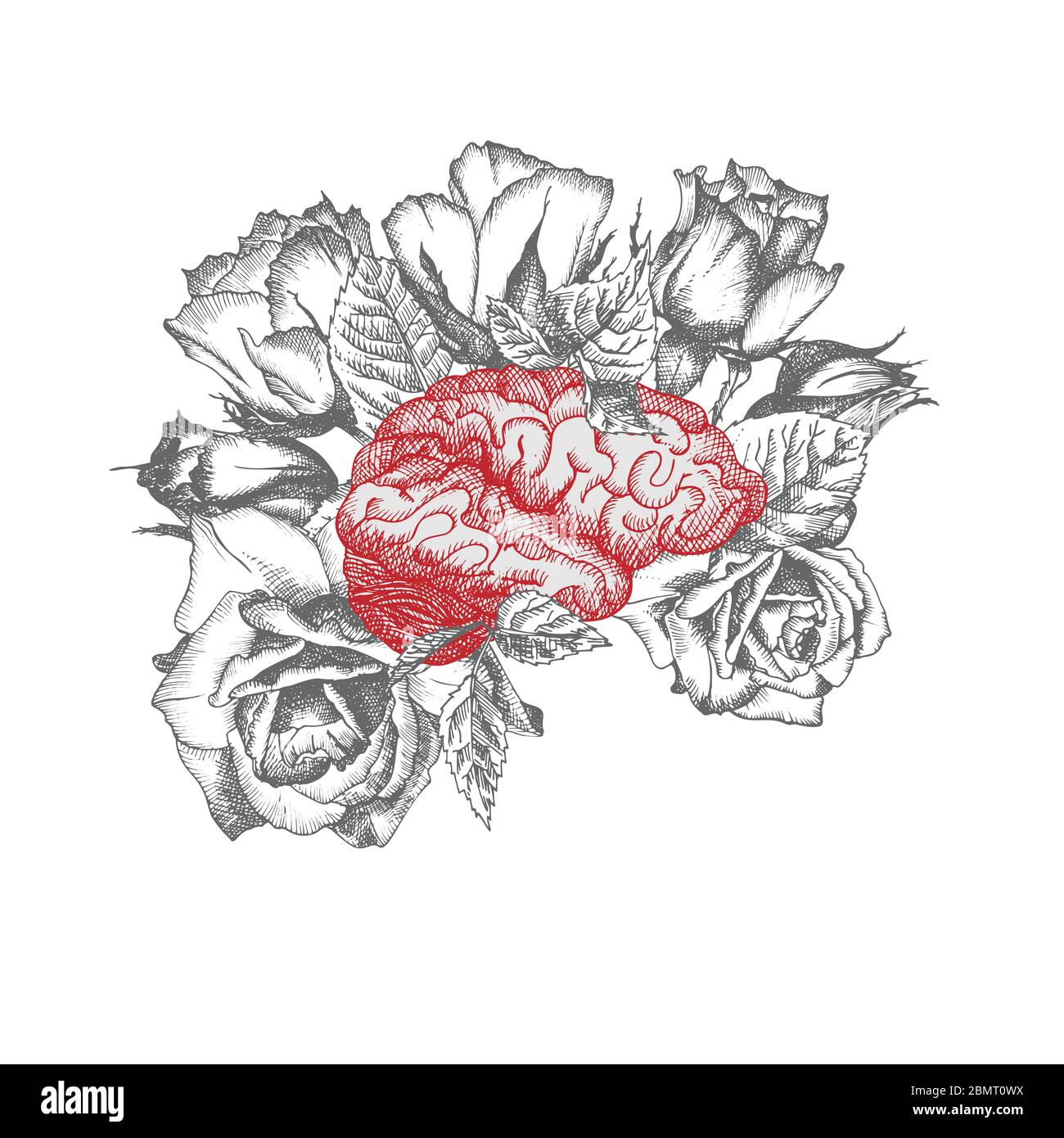 Brain with bouquet roses Realistic hand-drawn icon of human internal ...