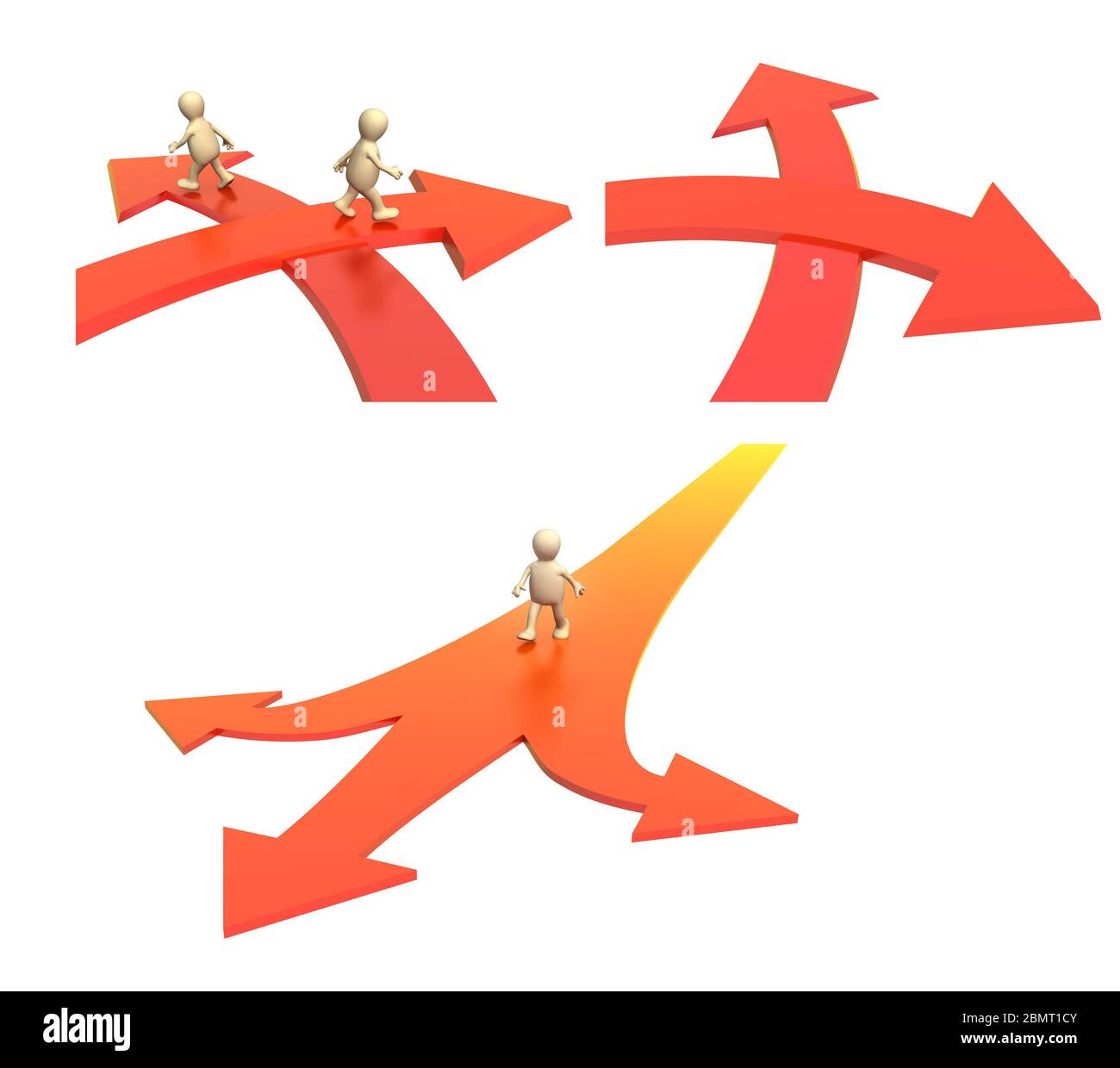 Two 3d mans go on bound arrows specifying different directions, puppet ...