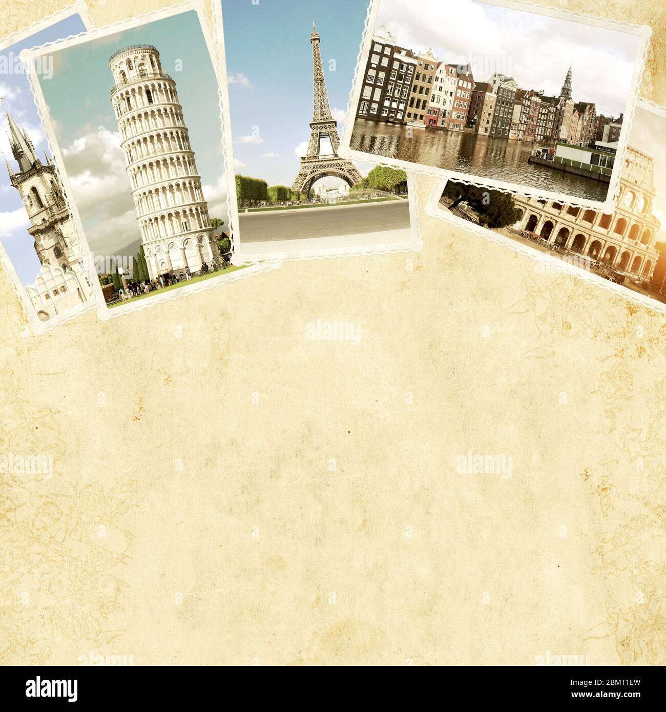 Vintage travel background with old paper texture and retro photos of ...