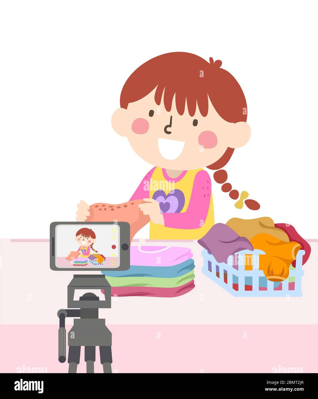Illustration of a Kid Girl Taking a Video of Her Folding Laundry Using ...