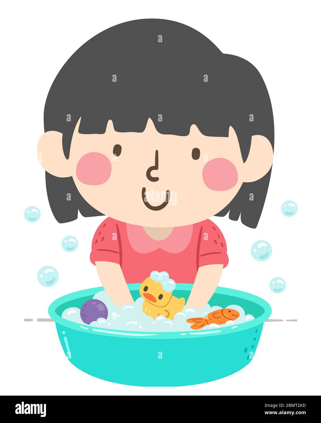 Illustration of a Kid Girl Washing Her Toys in a Basin Full of Bubbles ...