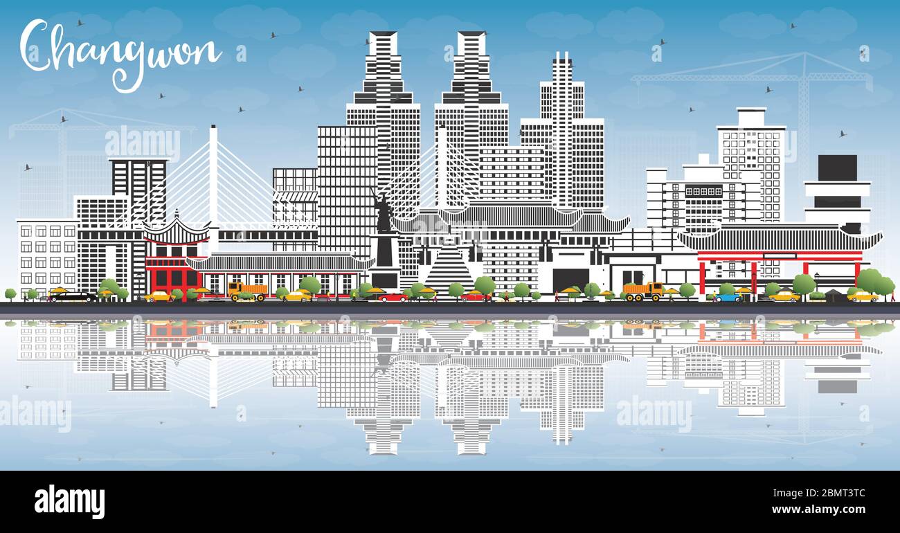 Changwon South Korea City Skyline with Color Buildings, Blue Sky and ...