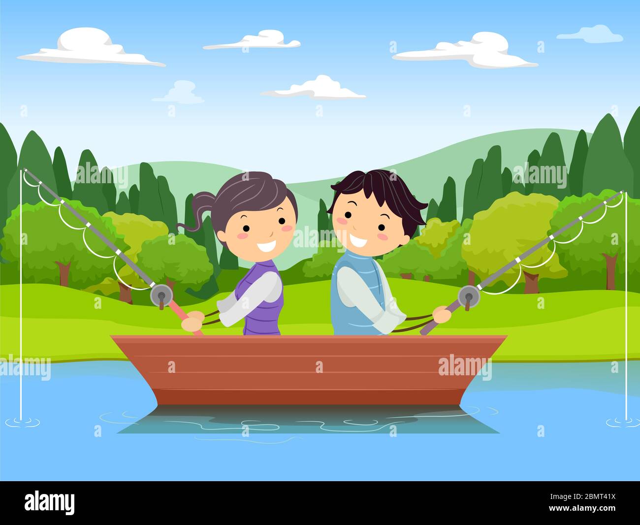 Illustration of Stickman Teenage Couple Fishing and Riding a Boat in a ...