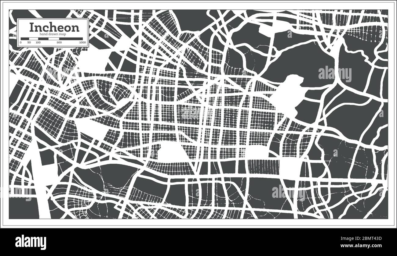 Incheon South Korea City Map in Retro Style. Outline Map. Vector ...
