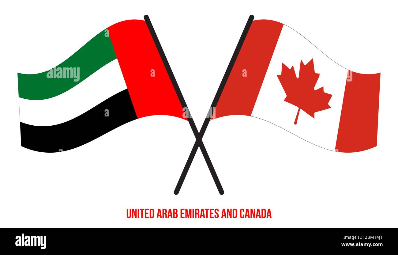 United Arab Emirates and Canada Flags Crossed And Waving Flat Style ...