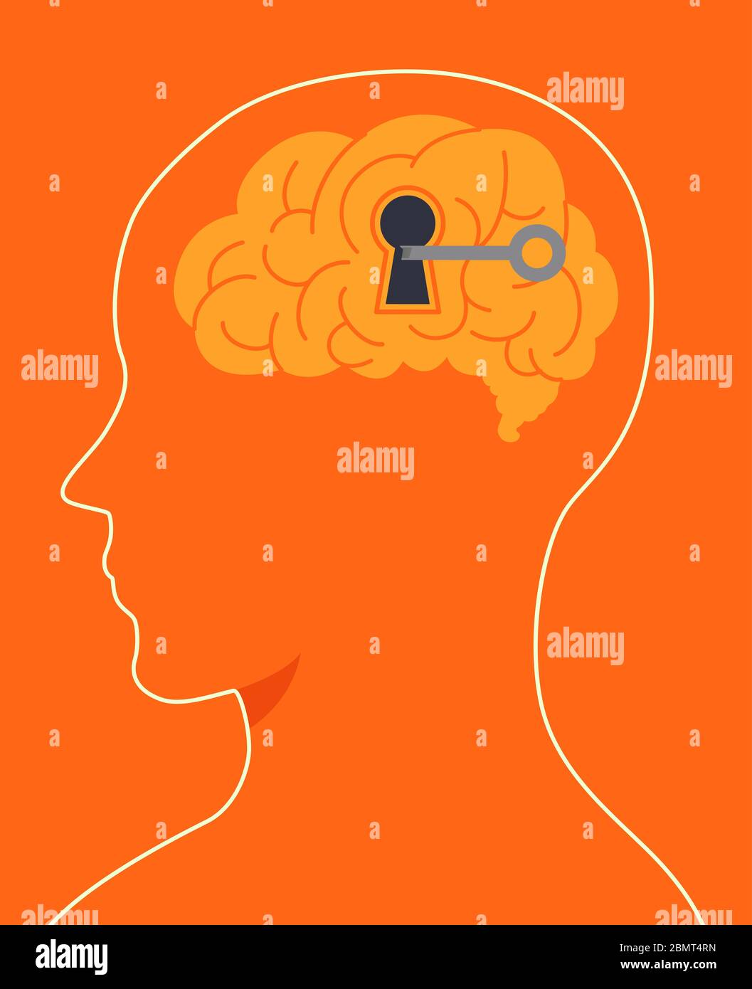 Illustration of a Head Profile Showing a Brain with Key and Keyhole Unlocking It Stock Photo - Alamy