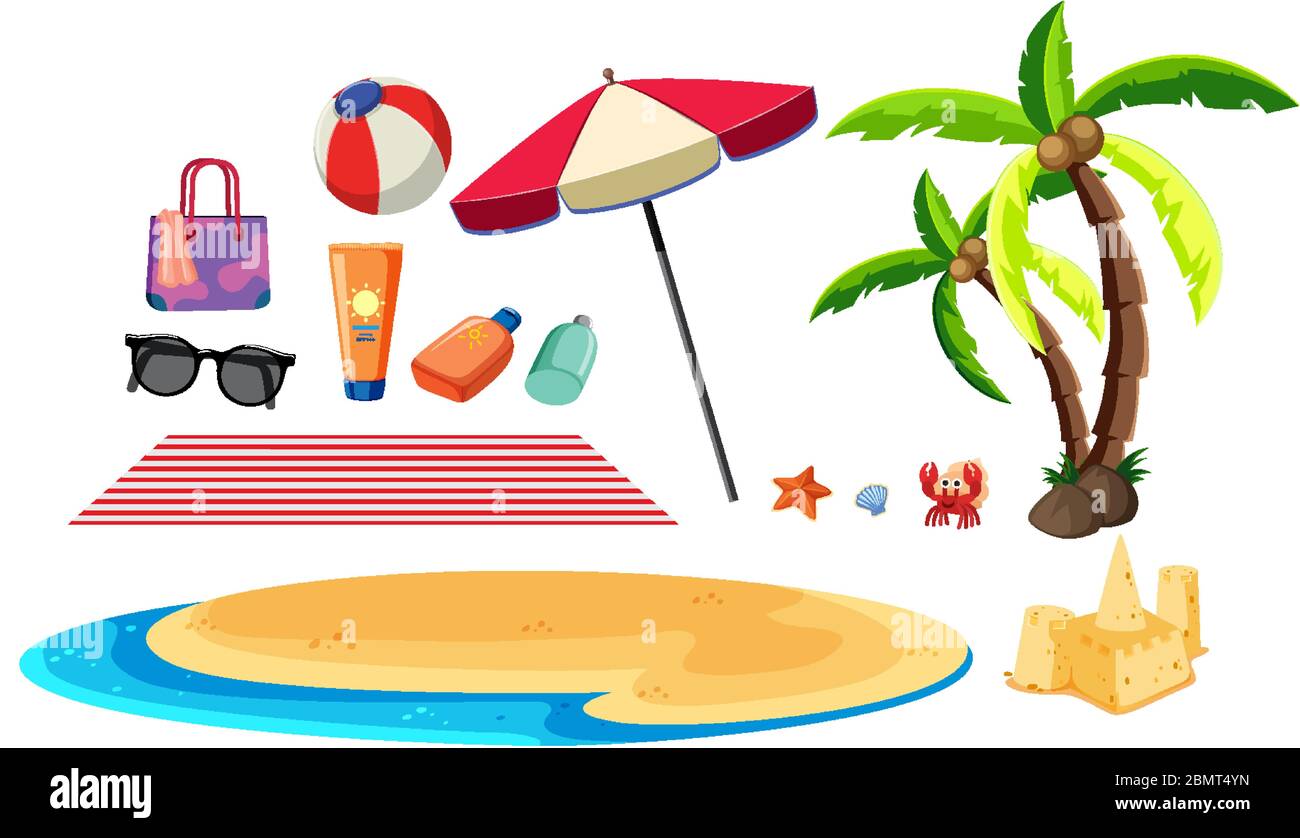Summer set with beach items on white background illustration Stock ...