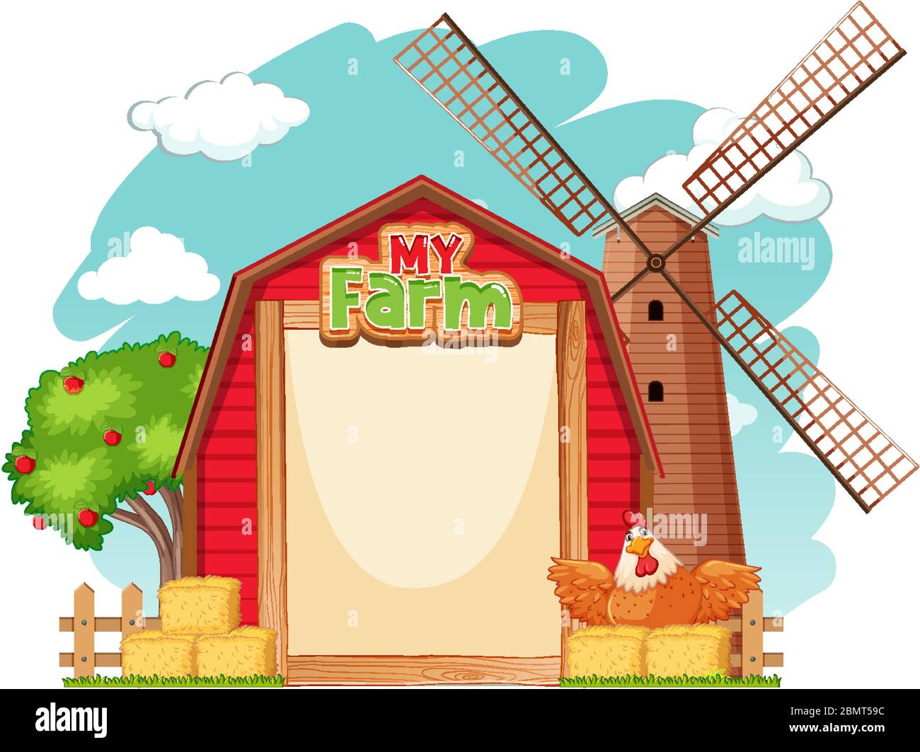 Border template design with red barn and chicken illustration Stock ...