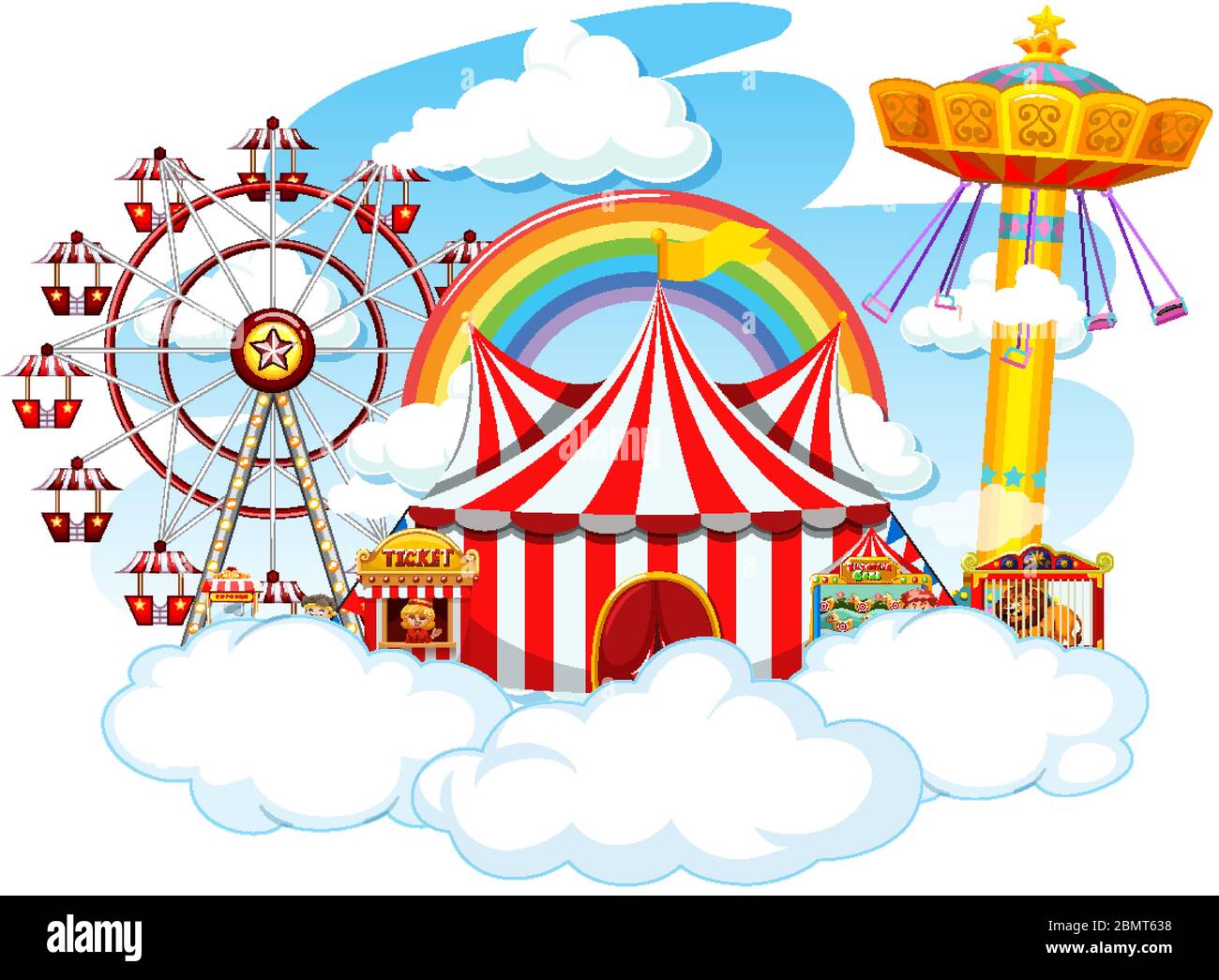 Themepark scene with many rides on clouds illustration Stock Vector ...