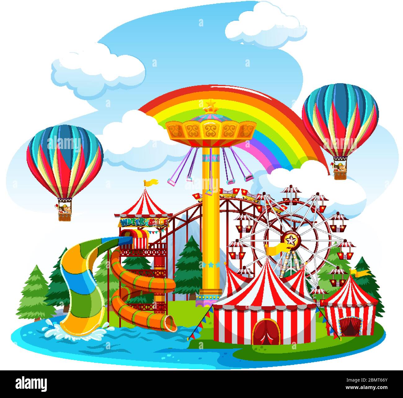 Themepark scene with many rides at day time illustration Stock Vector ...