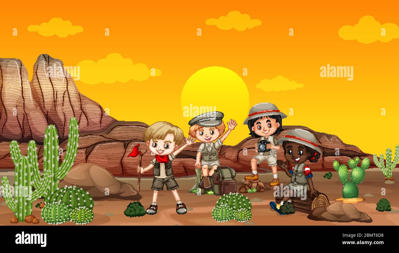 Scene with children camping out in the desert field illustration Stock ...