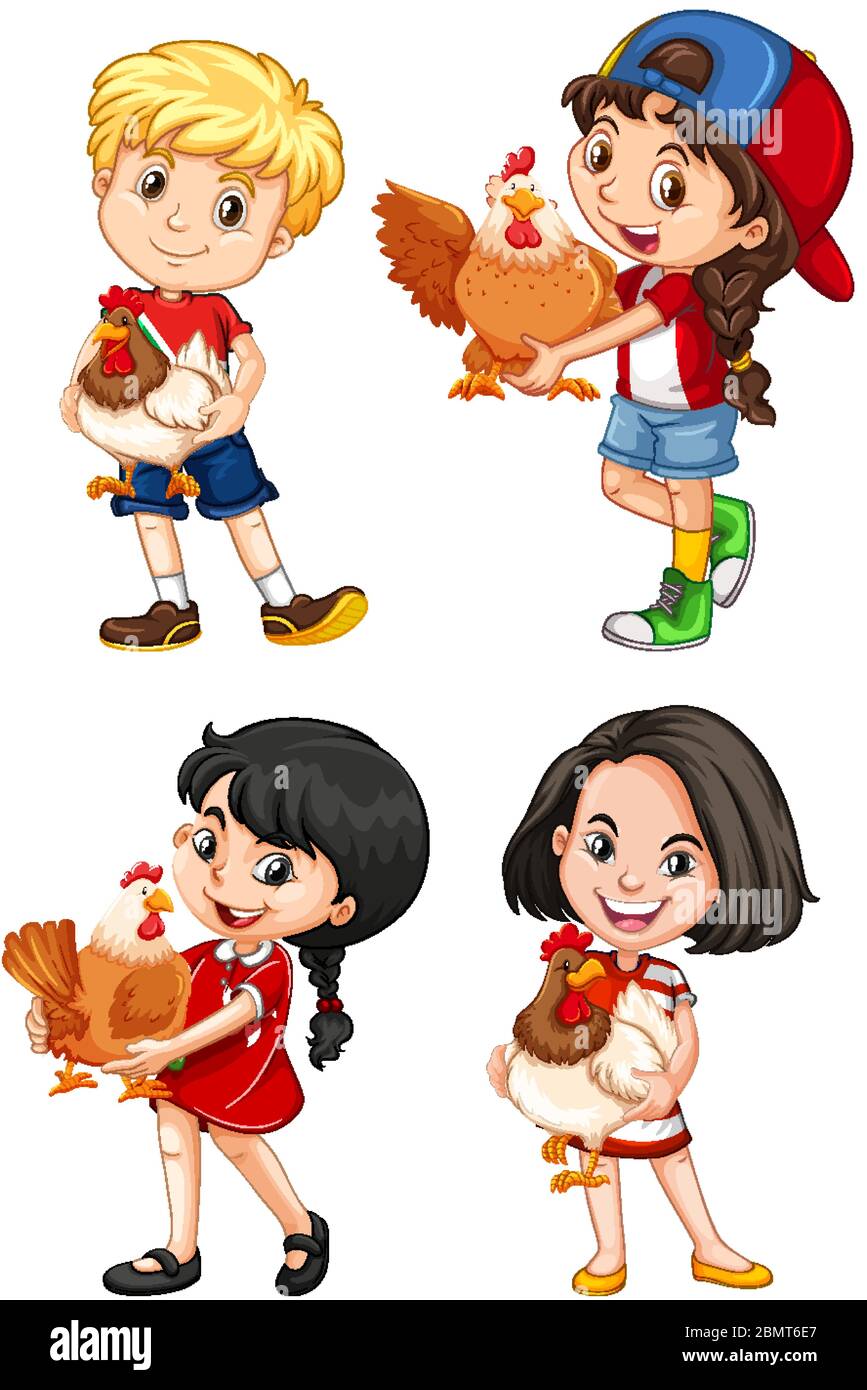 Set of happy children and chicken on white background illustration ...
