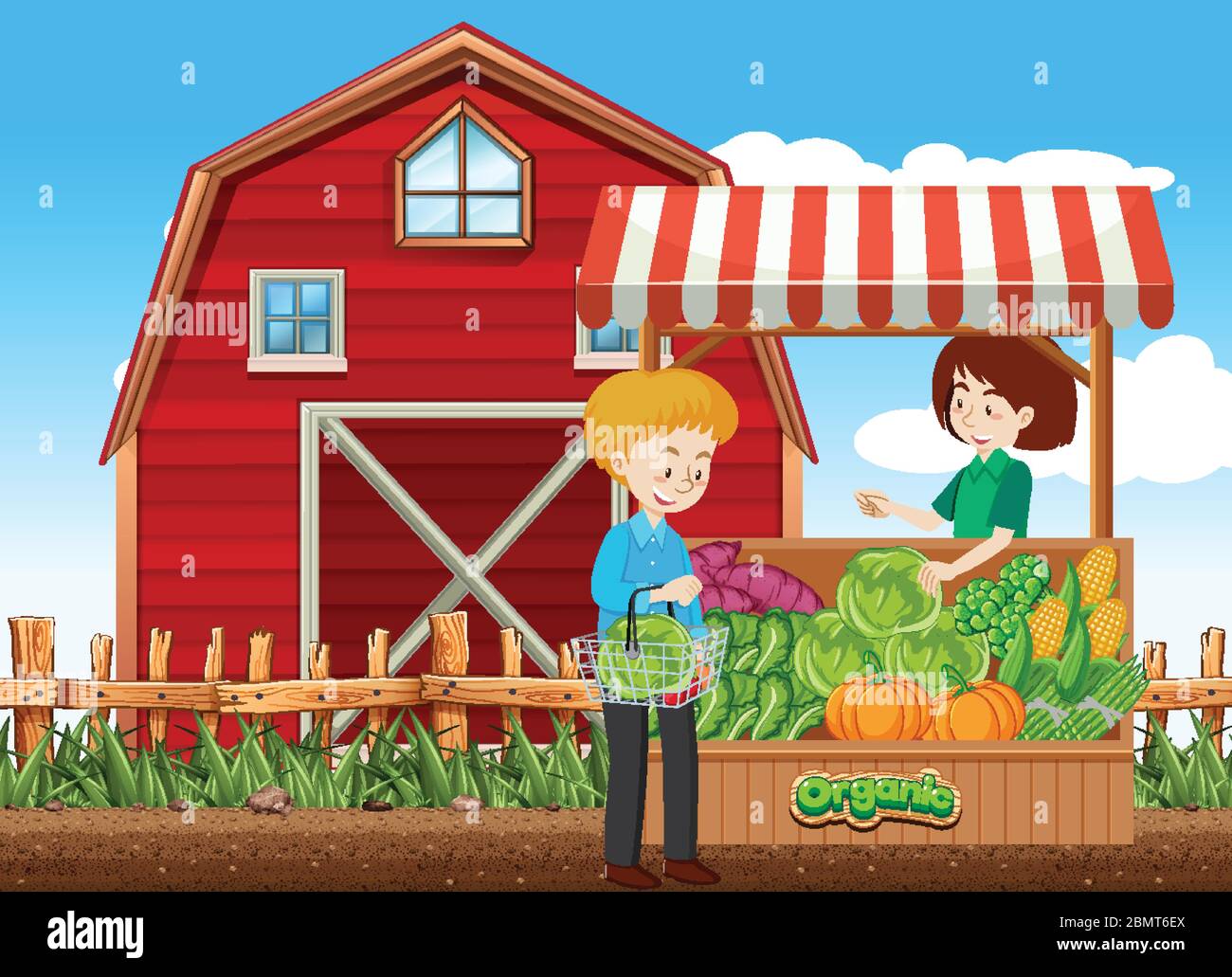 Farm scene with customer and fruitseller on the farm illustration Stock ...