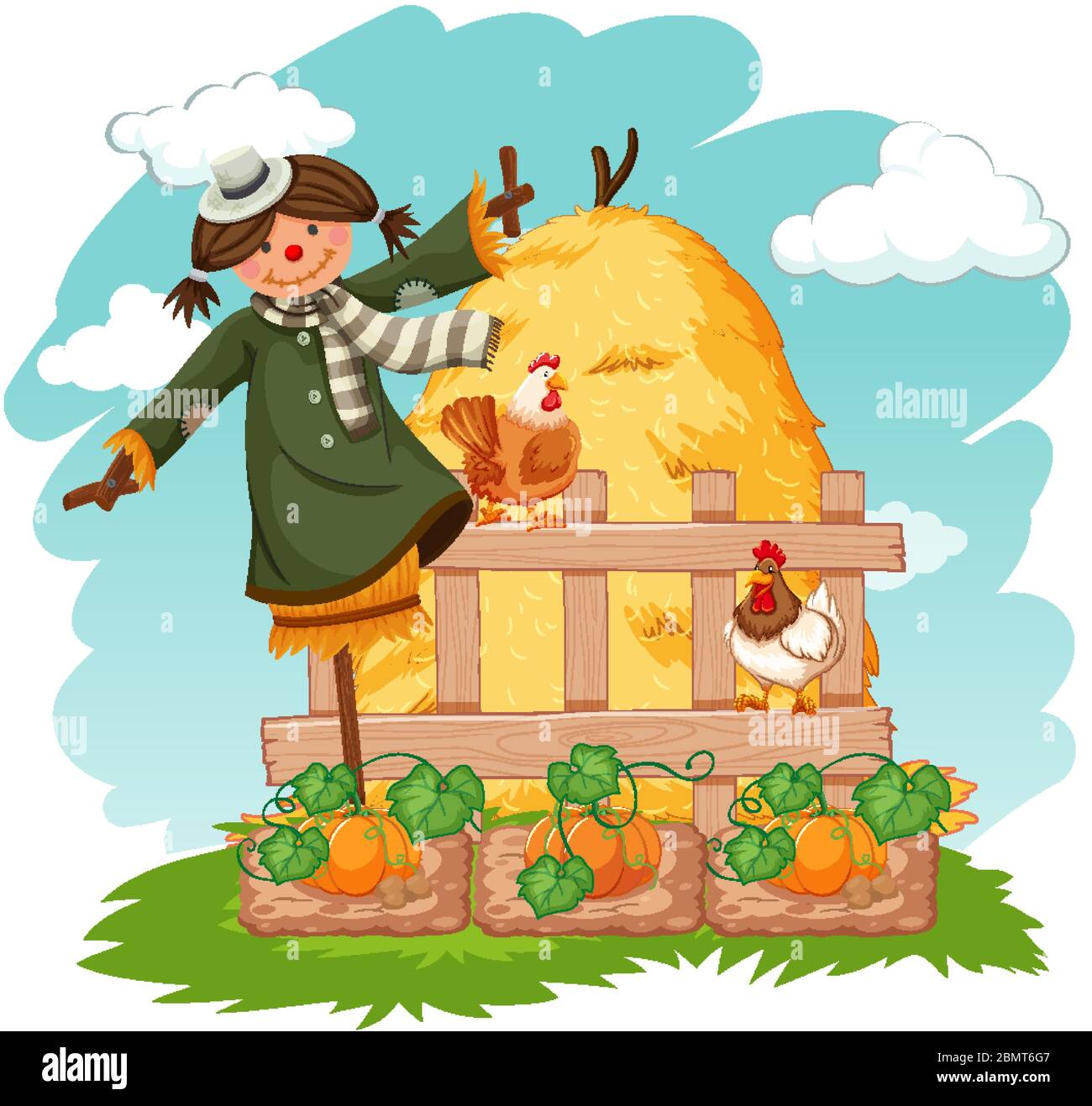 Scene with scarecrow and chickens in vegetable garden illustration ...