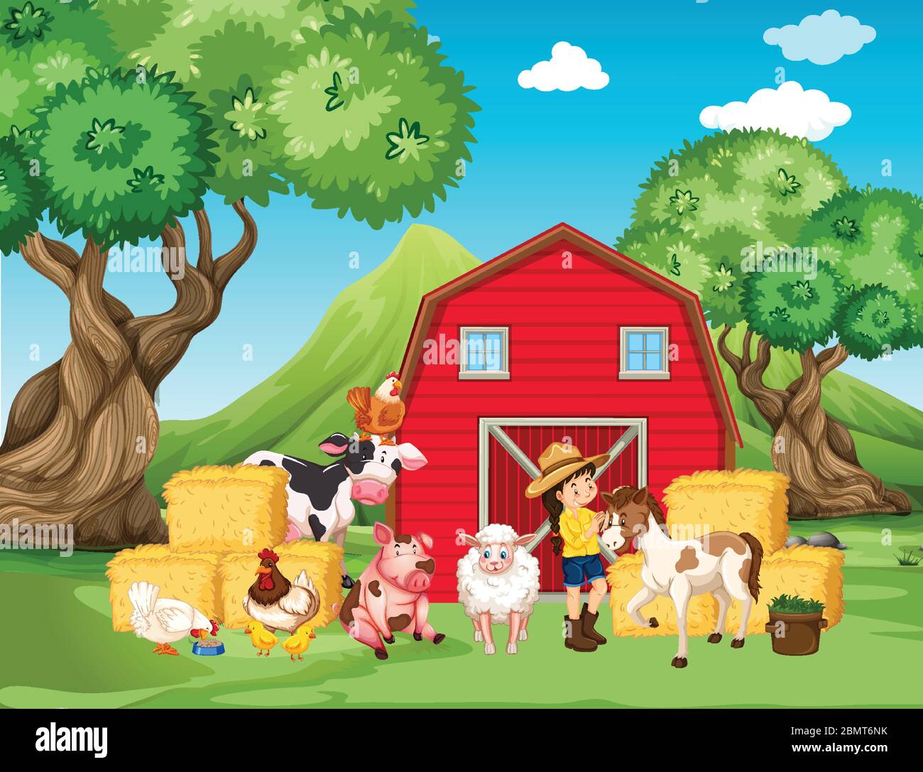 Farm scene with farmer and many animals on the farm illustration Stock ...