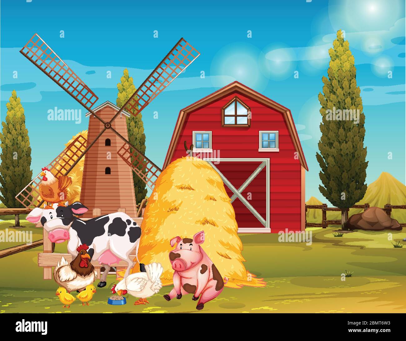 Farm scene with farm animals on the farm illustration Stock Vector ...