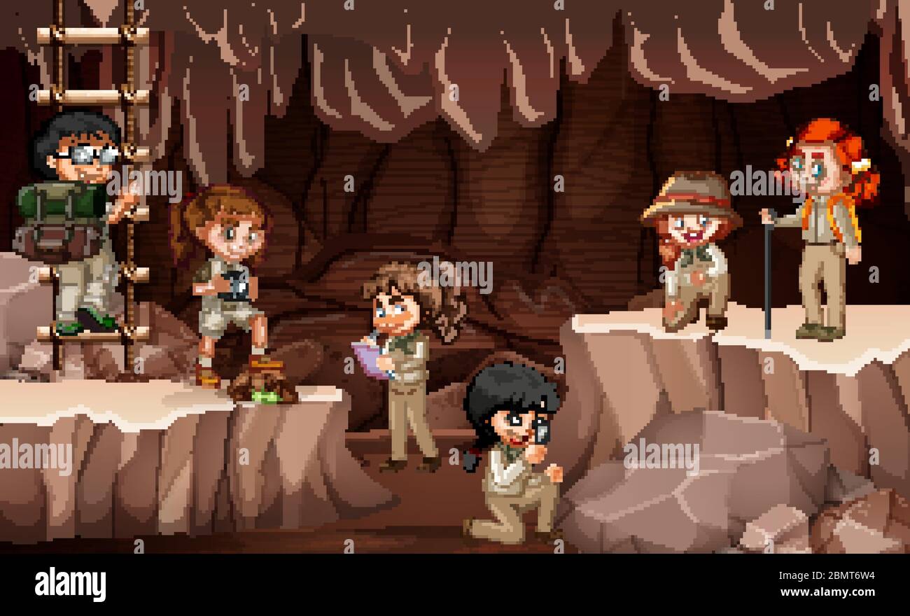 Scene with group of scouts exploring the cave illustration Stock Vector ...