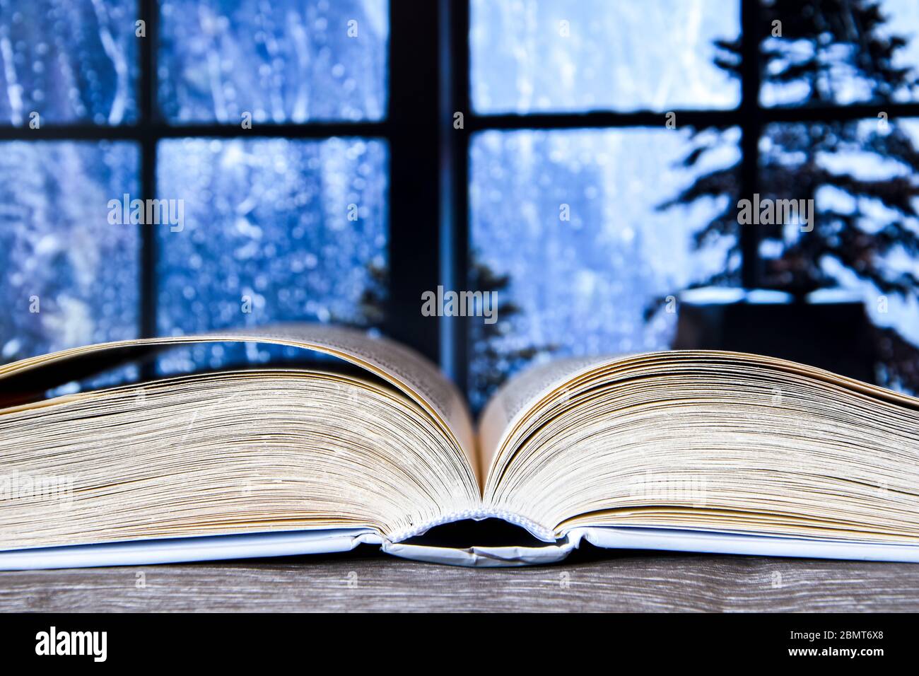 Closeup of a hardcover book open in the middle, Open book, winter ...