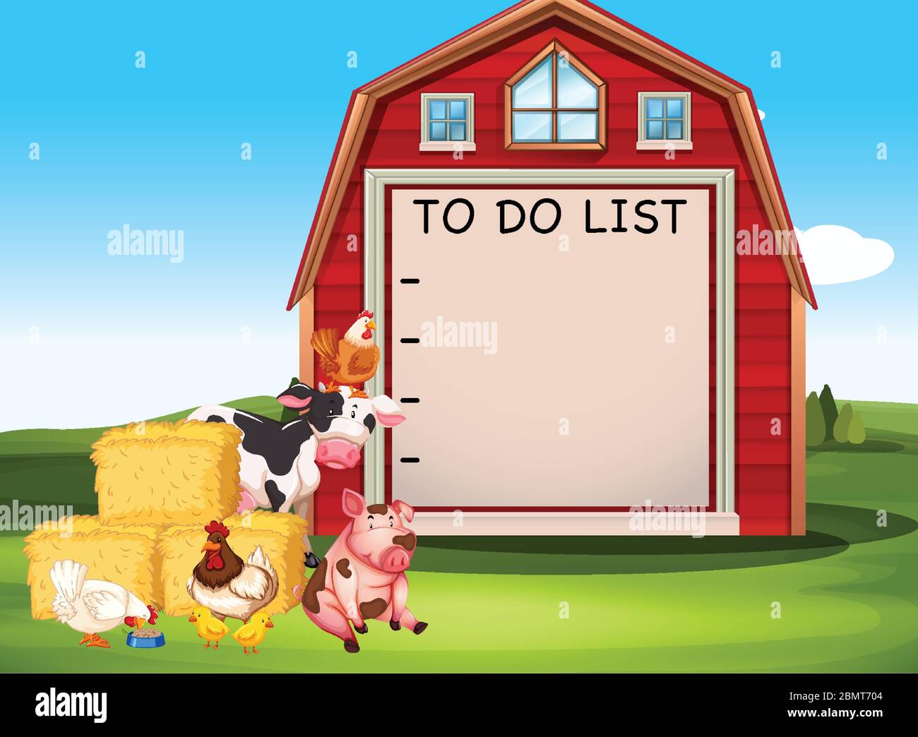 Farm scene with to do list sign on the barn illustration Stock Vector ...
