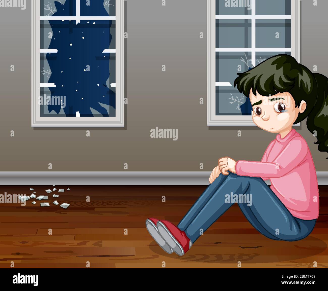 Scene with sad girl in broken home illustration Stock Vector Image ...